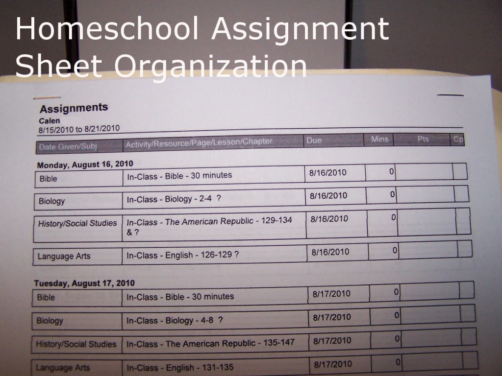Homeschool Assignment Sheet Organization